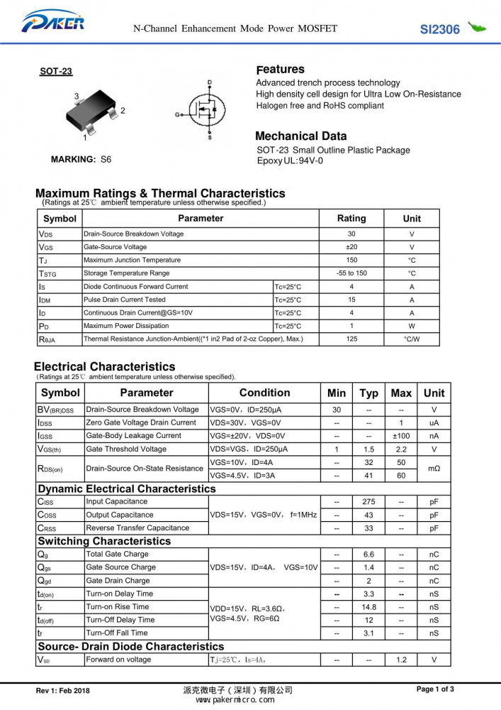 SI2306 datasheet page 1