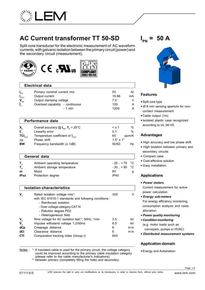 LEM TT 50-SD technical document page 1