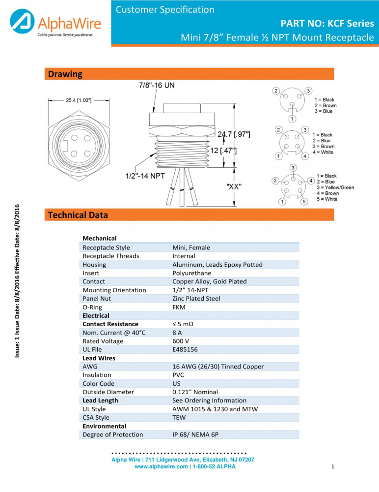 Alpha Wire 315KCF NC356 technical drawing page 1