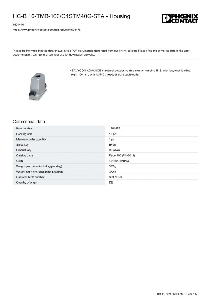 Phoenix Contact 1604476 product document page 1