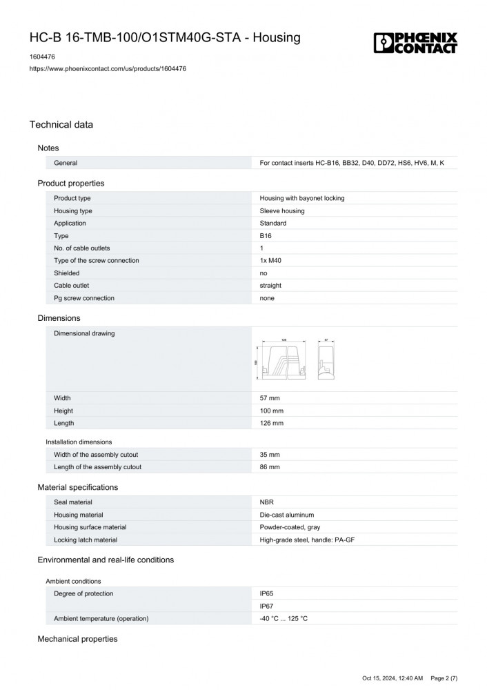 Phoenix Contact 1604476 commercial data page