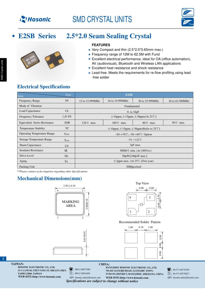HOSONIC E2SB series crystal specification document