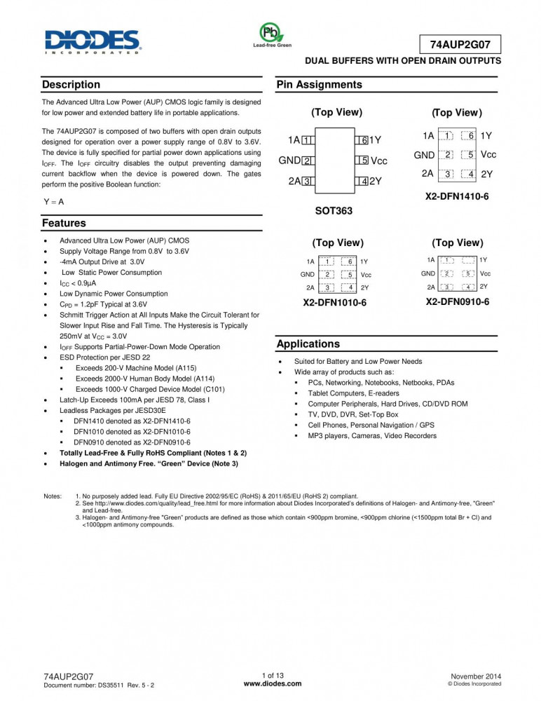 74AUP2G07FZ4-7 datasheet page 1
