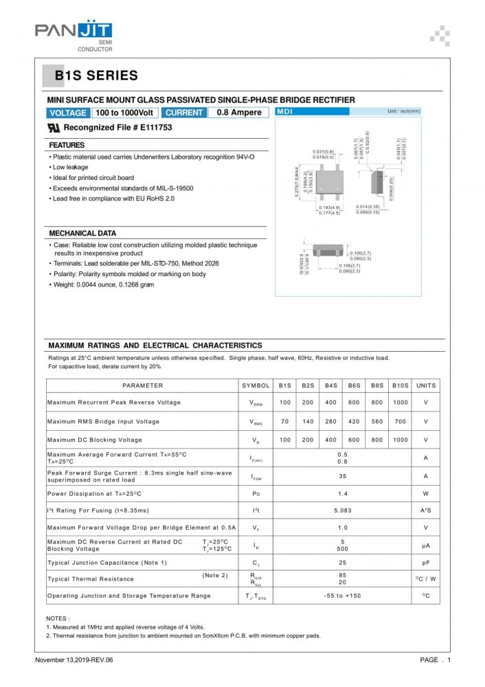 PANJIT B4S series datasheet page 1
