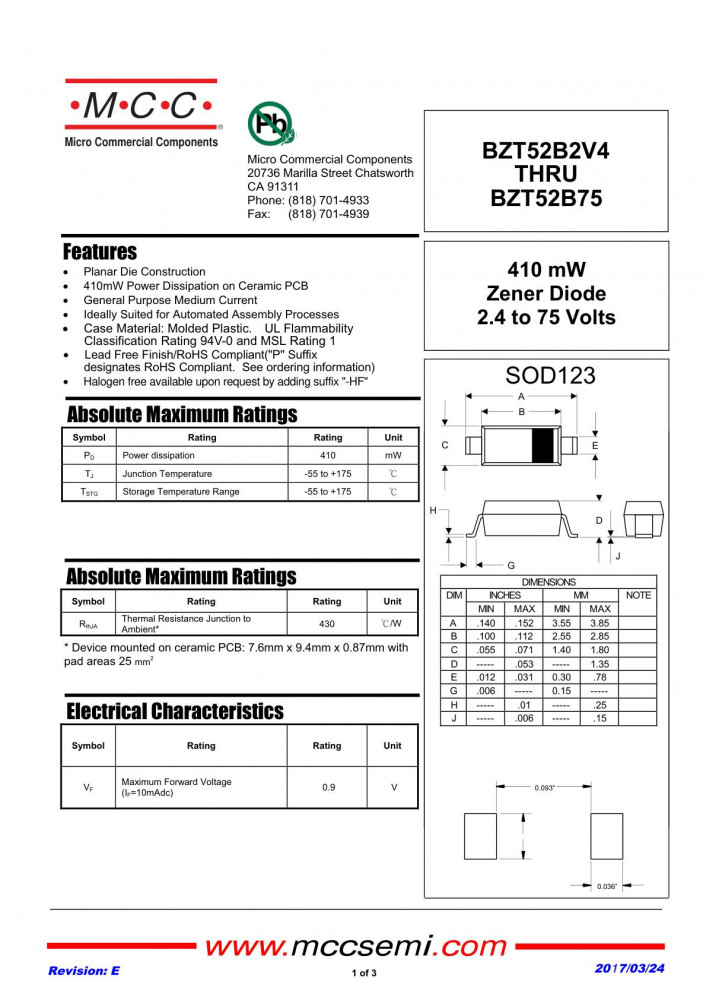 MCC BZT52B24-TP datasheet page 1