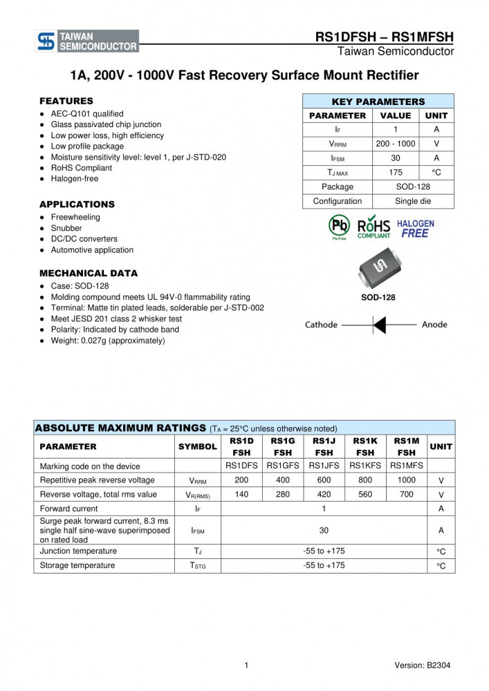RS1GFSH datasheet page 1
