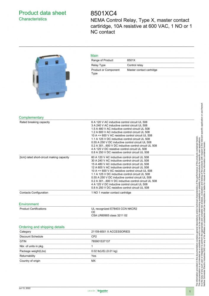 8501XC4 technical document page 1