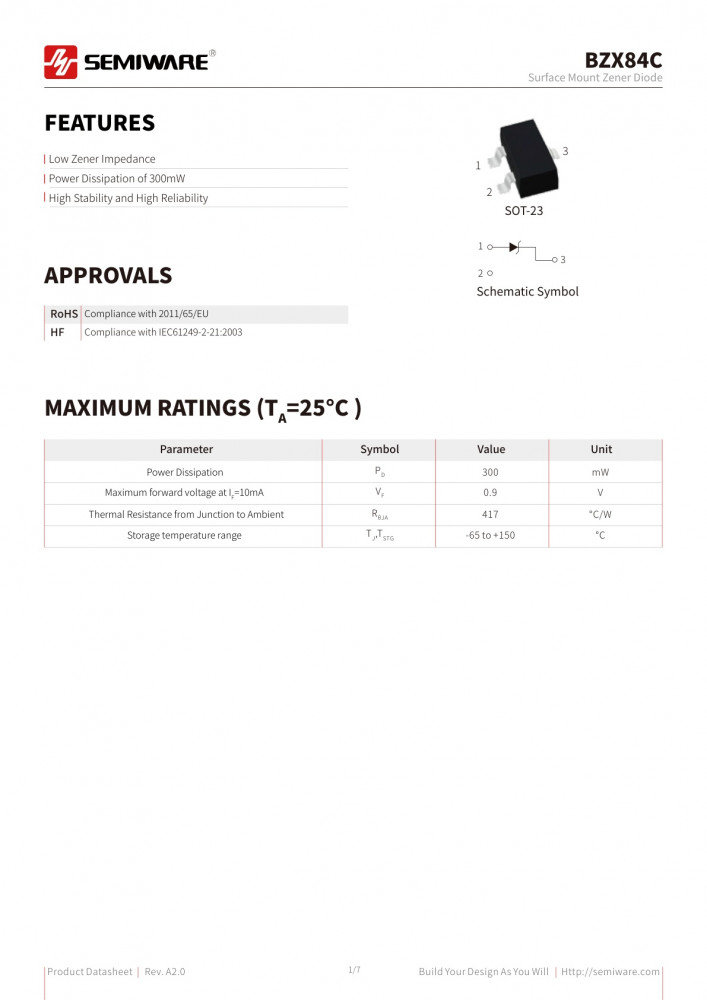 SEMIWARE BZX84C27 datasheet page 1