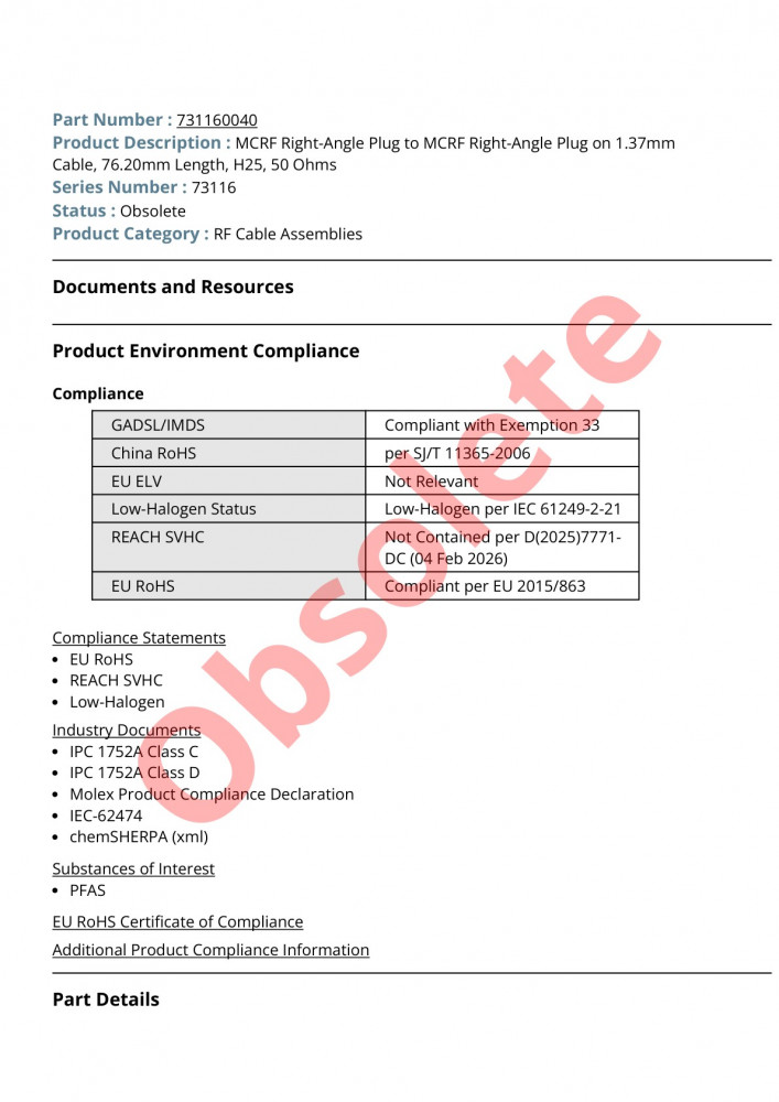 Product document image 1 for Molex 731160040