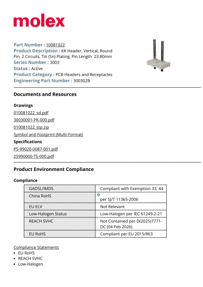 MOLEX KK 508 product specification page 1