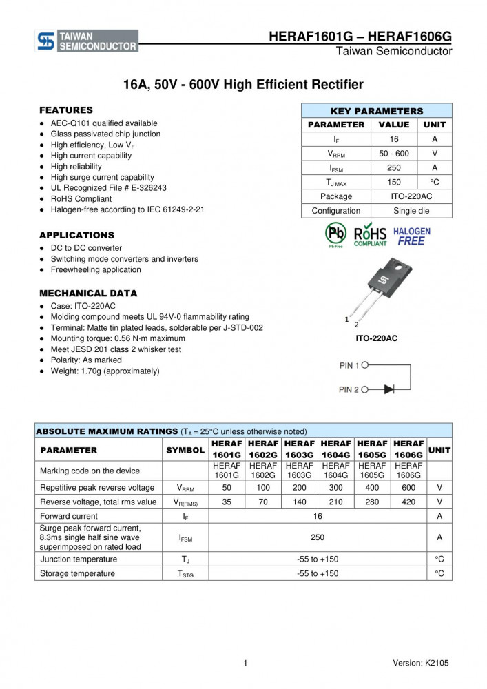 Taiwan Semiconductor HERAF16 series datasheet page 1