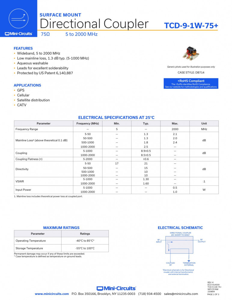 TCD-9-1W-75+ product specification page 1