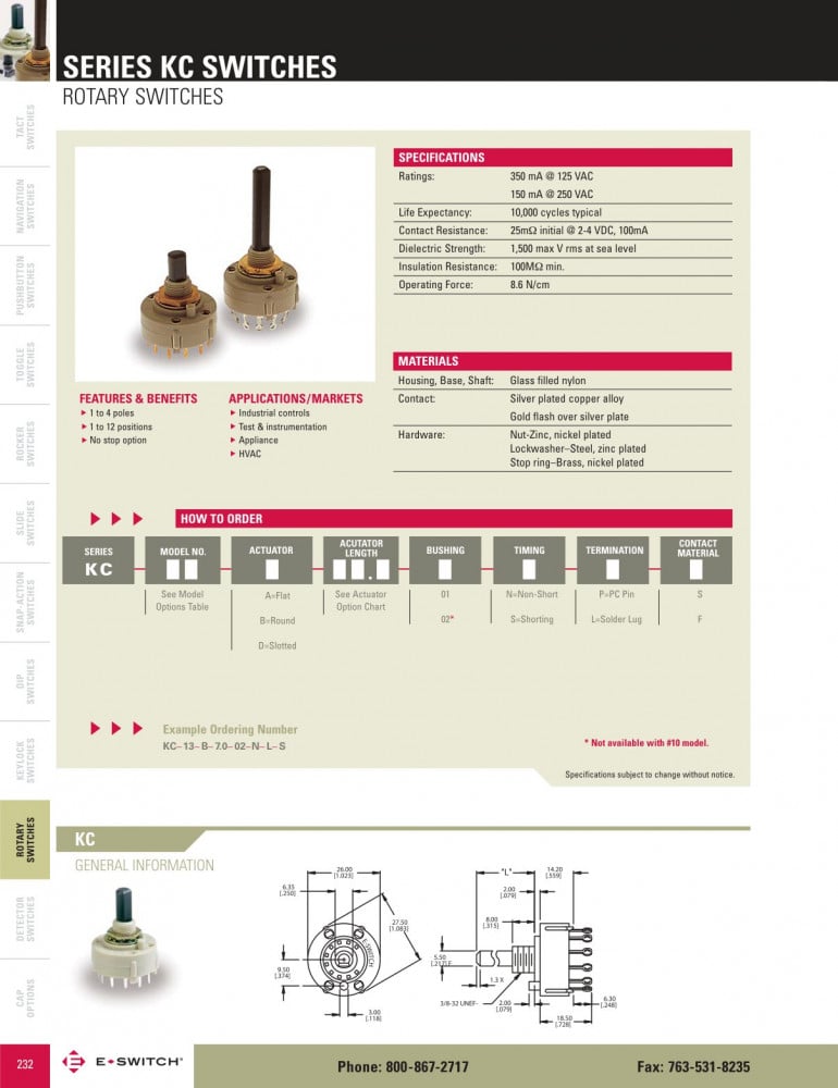 E-Switch KC Series rotary switch documentation page 1