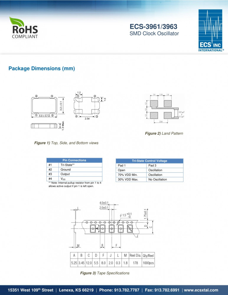 ECS-3961 series package dimensions and tape specifications