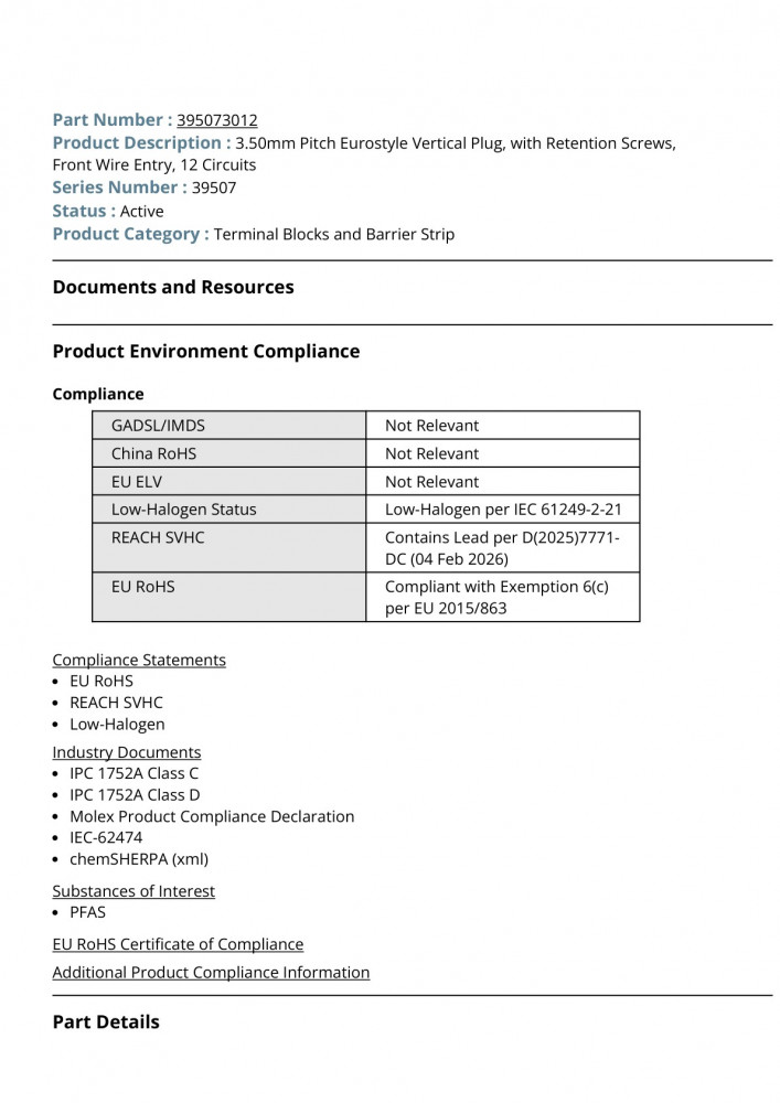 Technical document page 1 for Molex 395073012