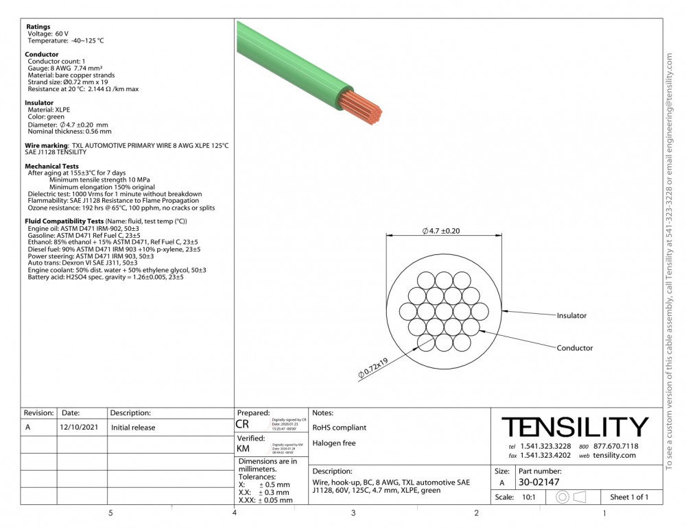Tensility International 30-02147 product drawing and wire specification