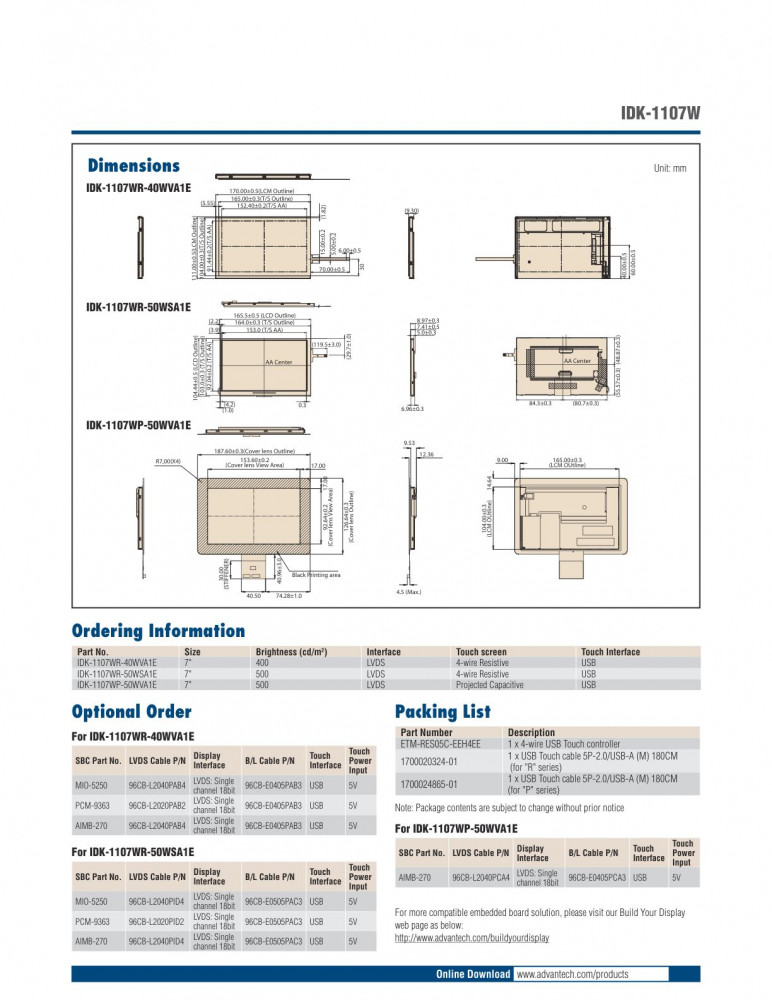 ADVANTECH IDK-1107W technical document page 2