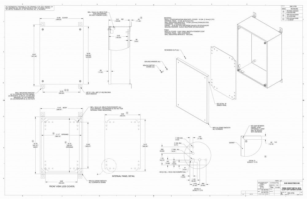 Bud Industries SNC-3755 sheet metal enclosure drawing