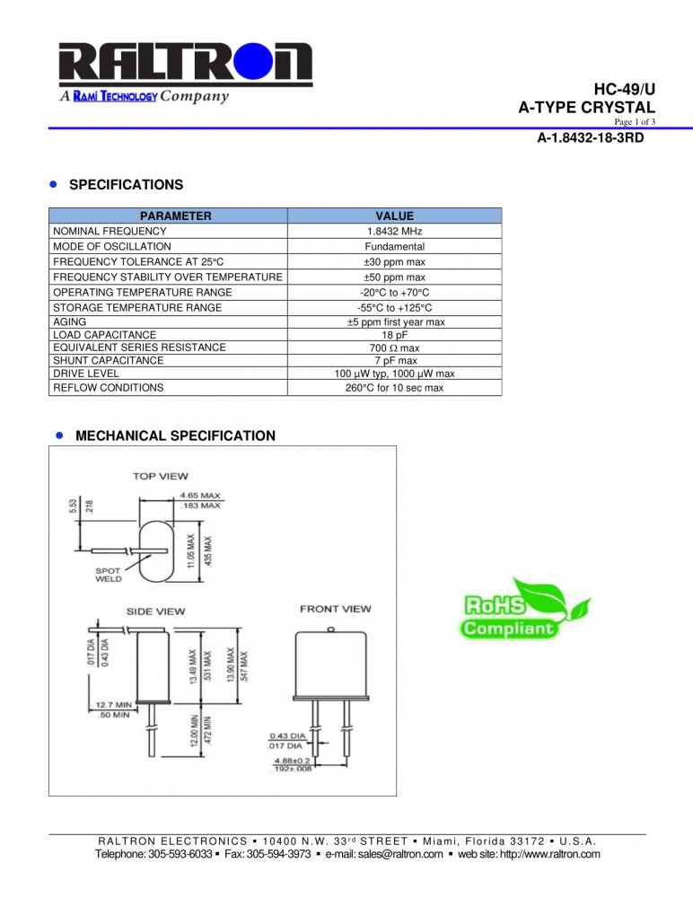 Raltron A-1.8432-18-3RD datasheet page 1
