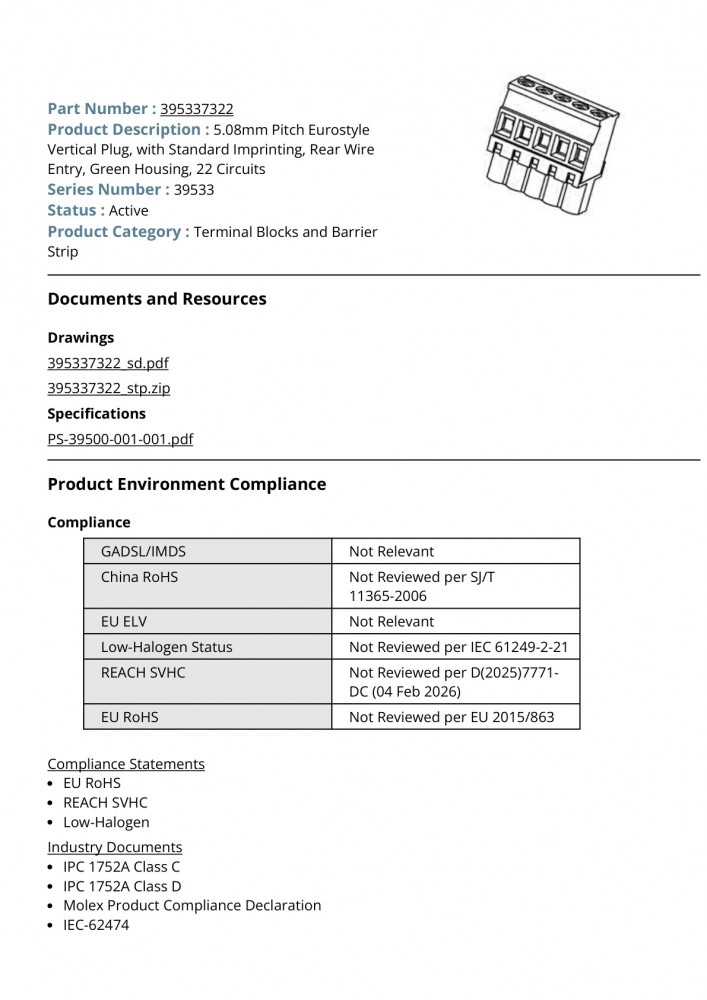 ESE Eurostyle terminal-block product specification, page 1