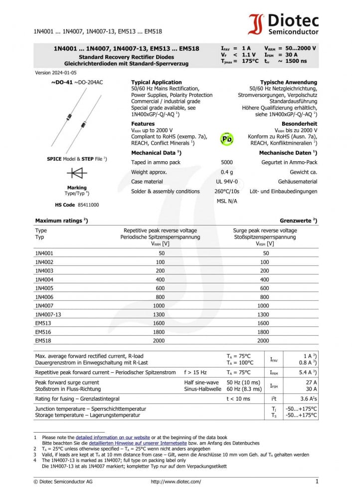 DIOTEC 1N4005 datasheet page 1