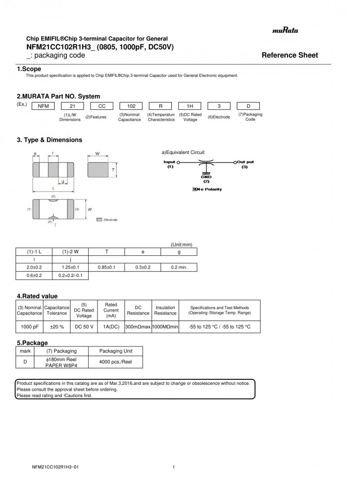 Murata NFM21CC102R1H3D specification page 1