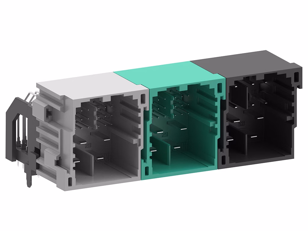 stAK50h 3 Bay Right-Angle Hybrid Header, 62 Circuits, Bay 1: 25 Circuits/Key 2; Gray; Bay 2: 25 Circuits/Key 1/Green; Bay 3: 12 Circuits/Key 1/Black; Tube