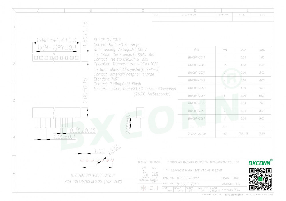 BXCONN B100UP-ZDxP product drawing and specifications