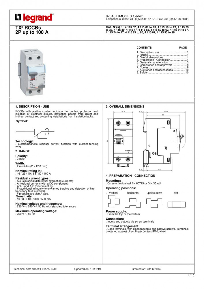 Legrand TX3 RCCB technical document, page 1