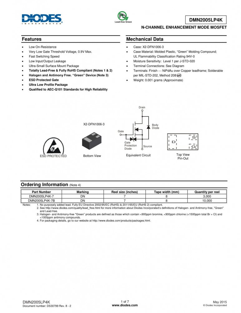DMN2005LP4K-7B technical document page 1