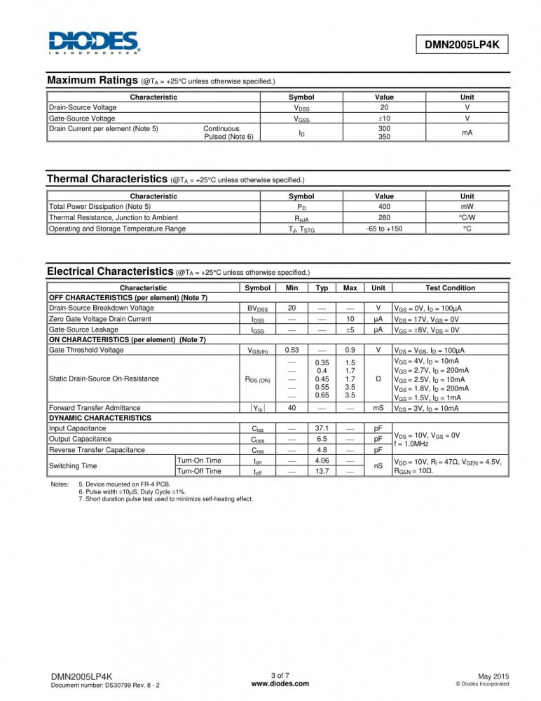 DMN2005LP4K-7B technical document page 3