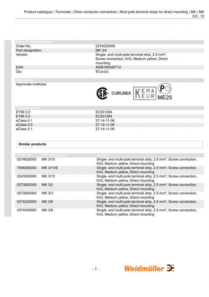 WEIDMULLER 0274020000 technical document preview