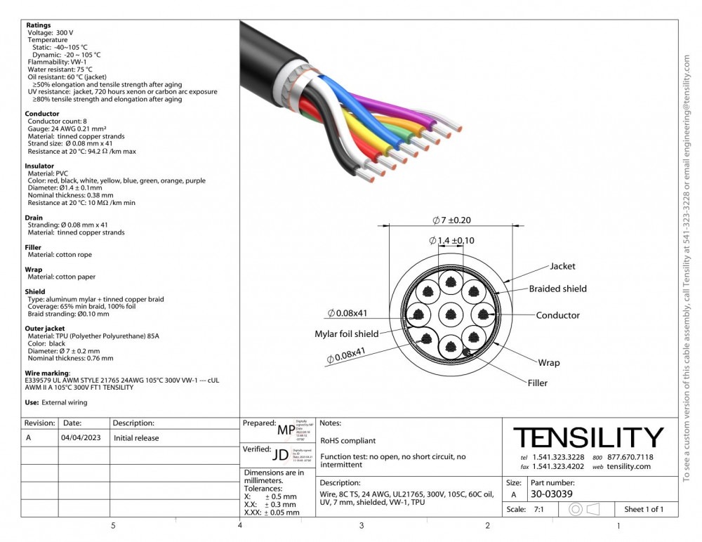 Technical drawing for Tensility International cable part 30-03039