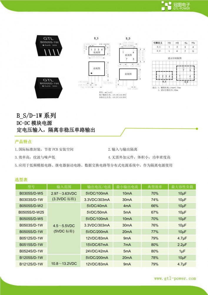 GTL-POWER B0503S-1W datasheet page 1