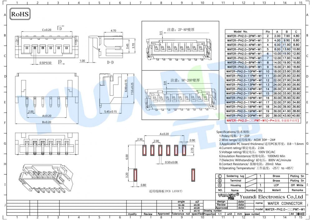 Yuandi WAFER connector technical drawing page 1