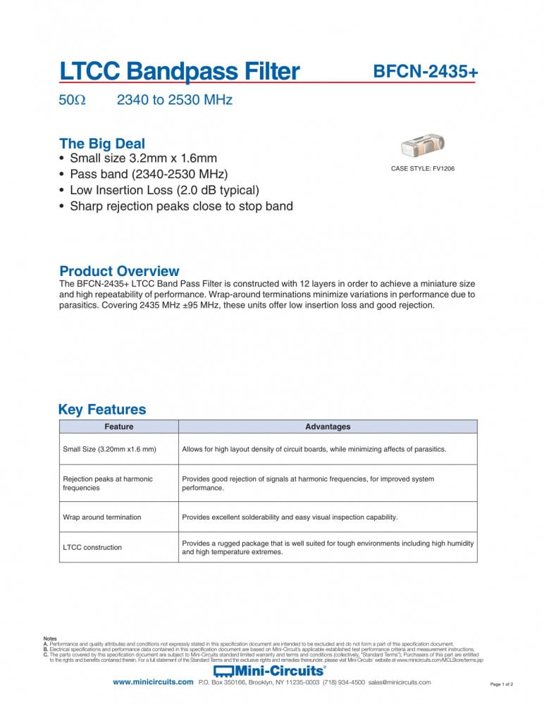 Mini-Circuits BFCN-2435+ technical document page 1