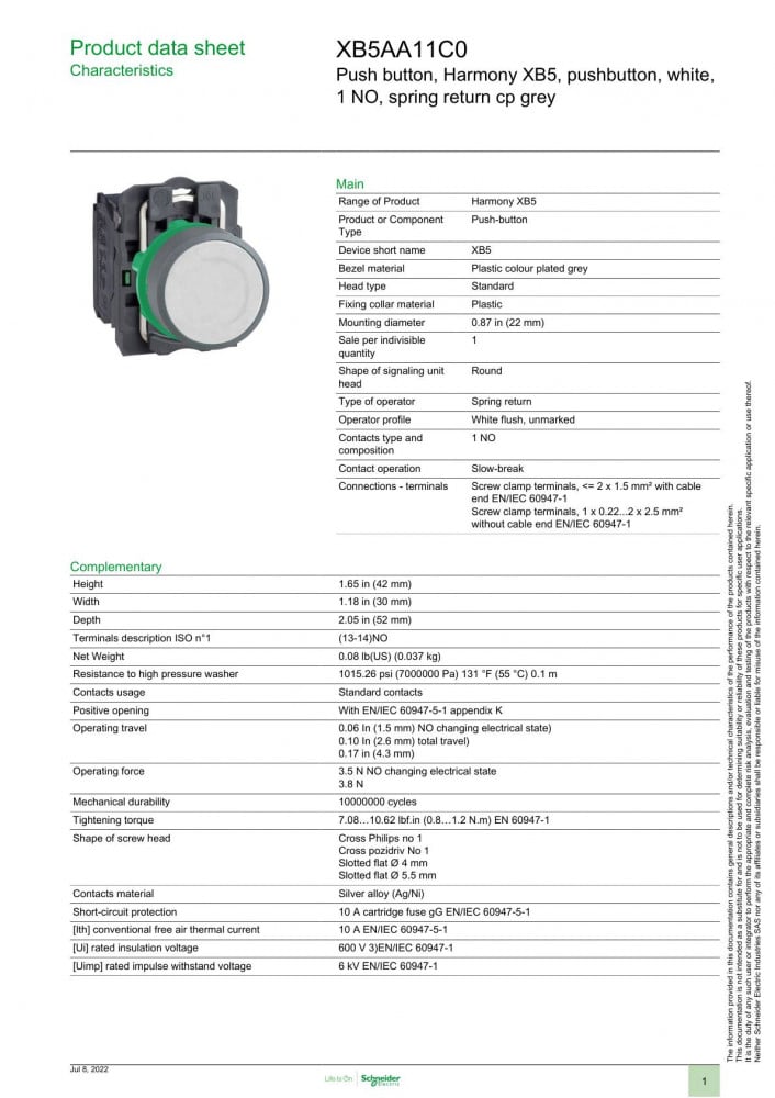 XB5AA11C0 technical document page 1