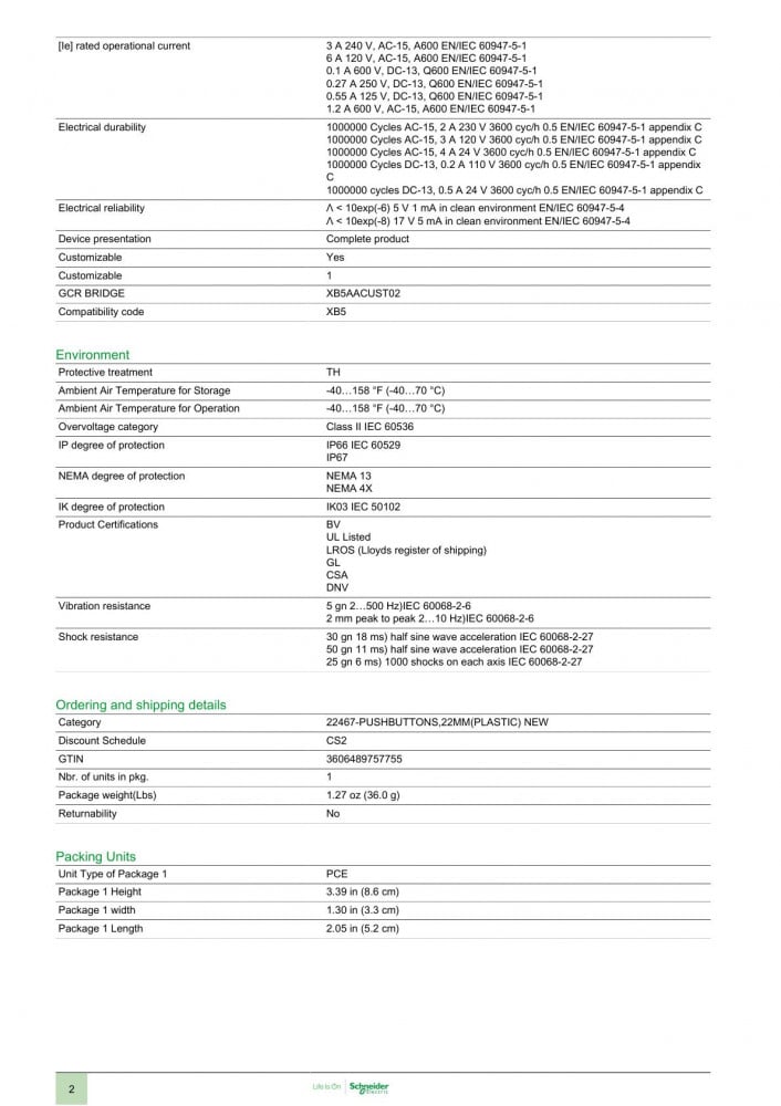 XB5AA11C0 technical document page 2