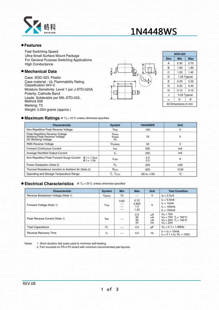 1N4448WS datasheet page 1