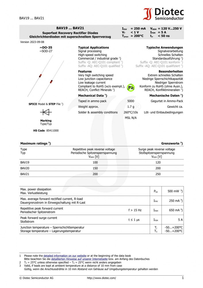 DIOTEC BAV19 BAV20 BAV21 datasheet, page 1