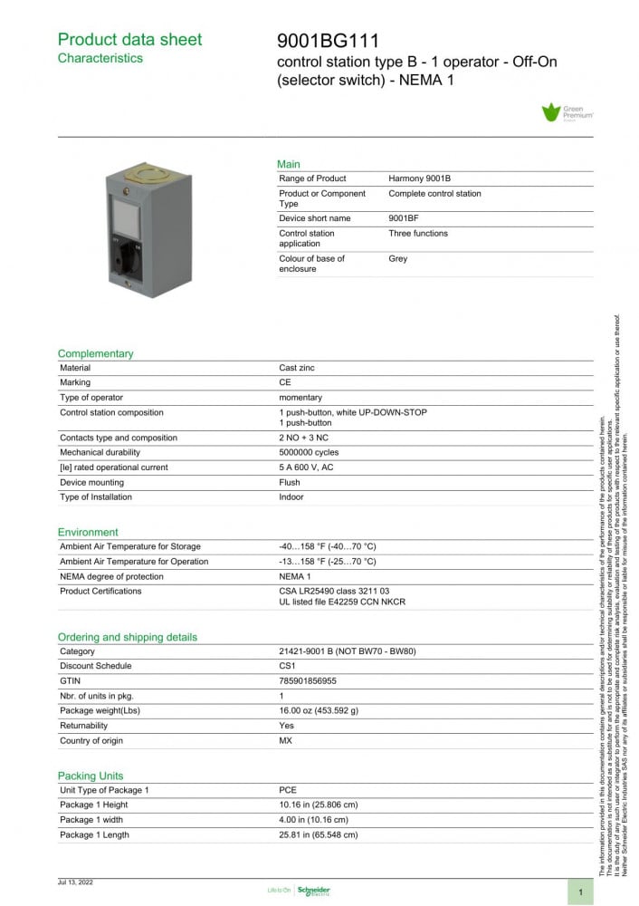 9001BG111 technical document page 1