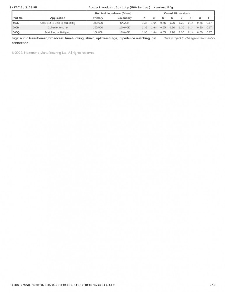 Hammond 560 Series technical document page 2