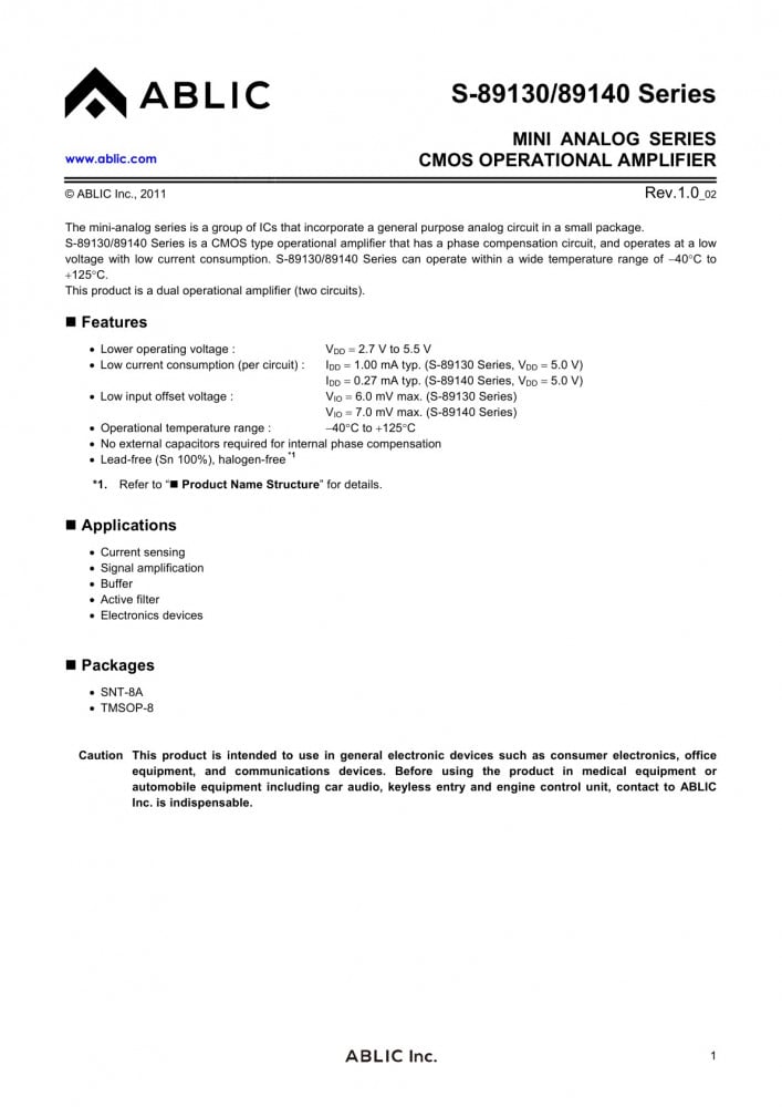 ABLIC S-89130 series datasheet page 1