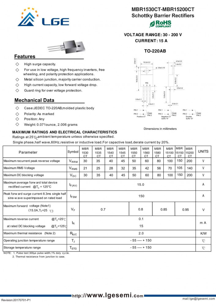 LGE MBR1560CT datasheet page 1