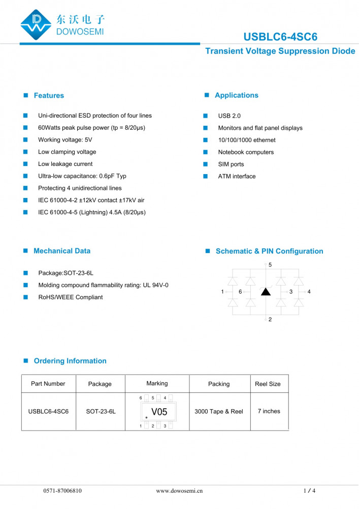 USBLC6-4SC6 technical document page 1