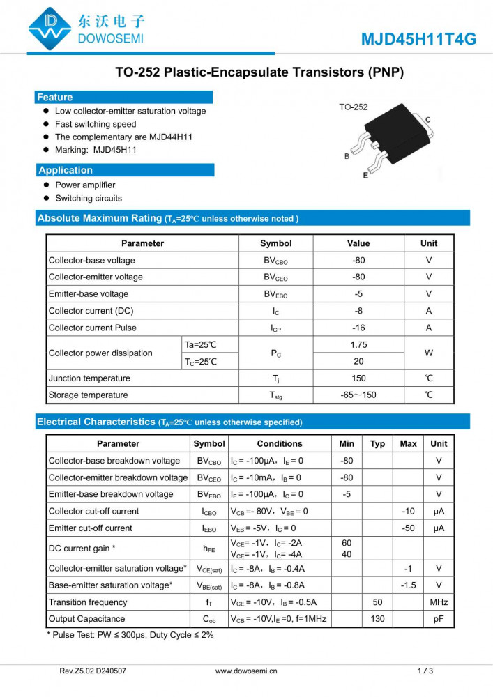MJD45H11T4G-DW datasheet page 1