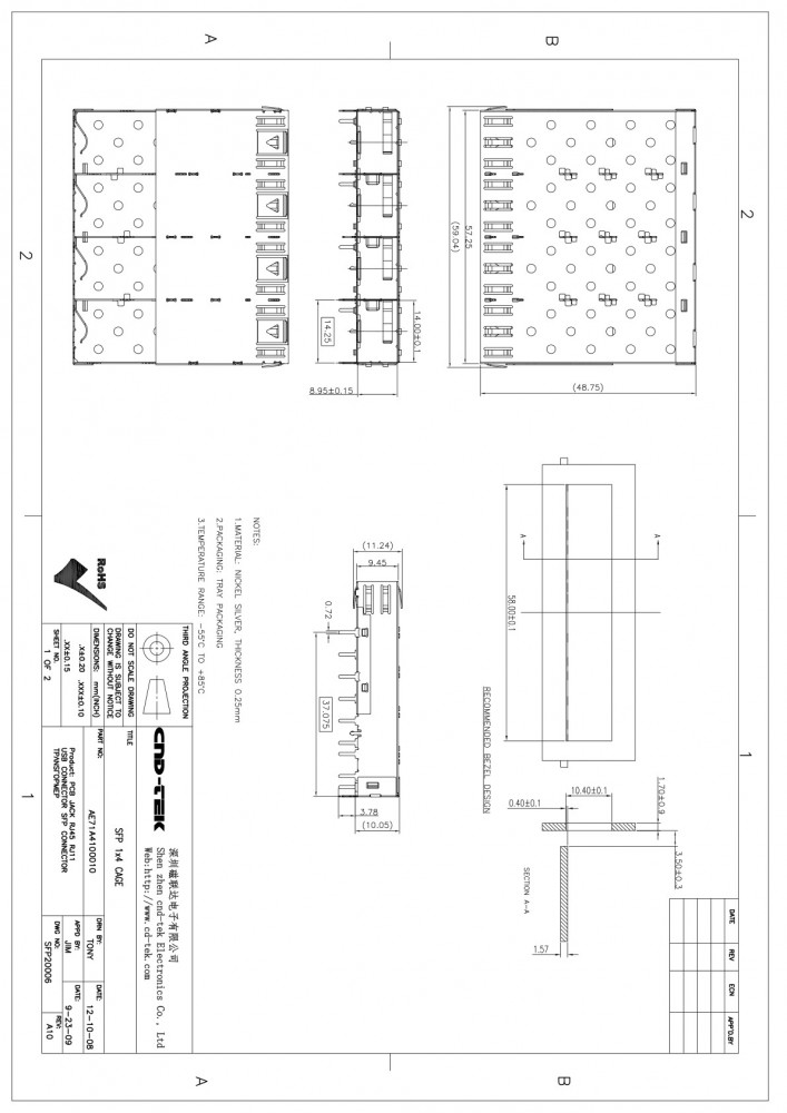 CND-tek AE71A4100010 SFP 1x4 cage drawing sheet 1