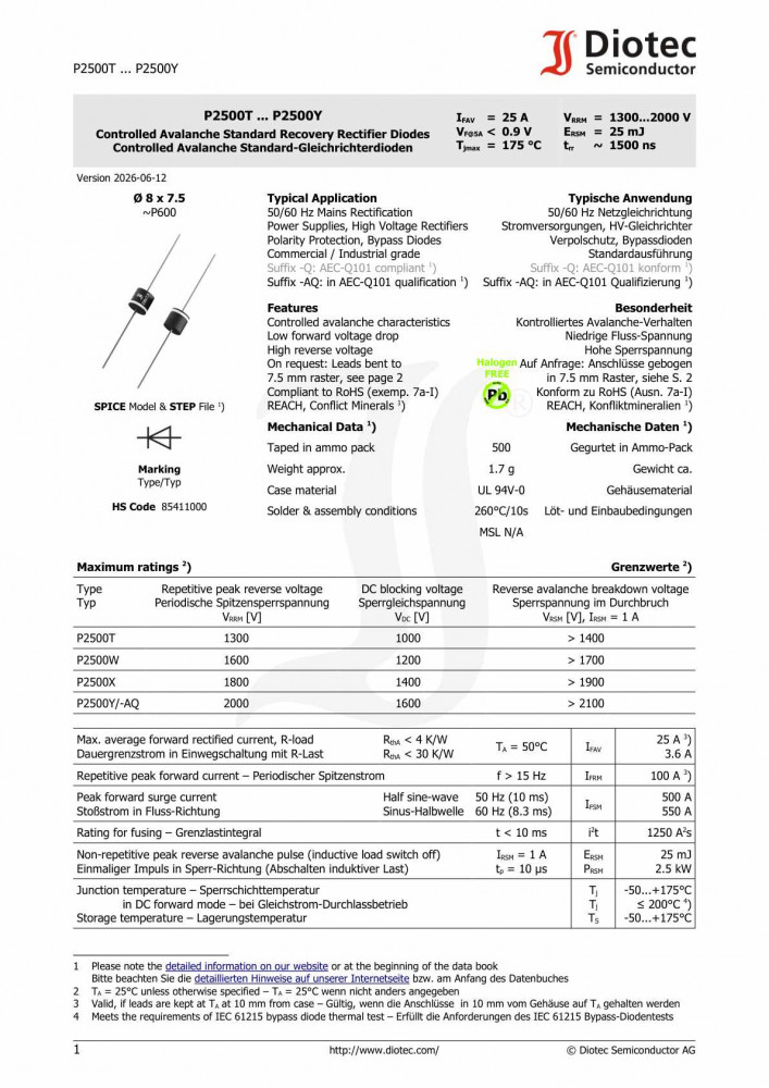 DIOTEC P2500T datasheet page 1