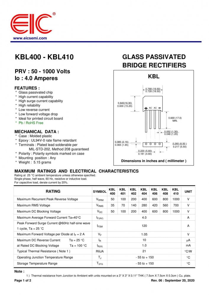EIC KBL406M datasheet page 1