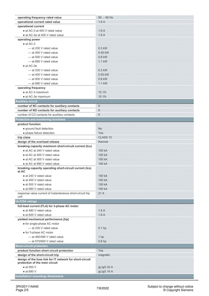 3RV20111AA40 datasheet page 2